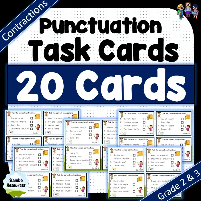Grade 2 & 3 Grammar & Punctuation Task Cards | Contractions ...