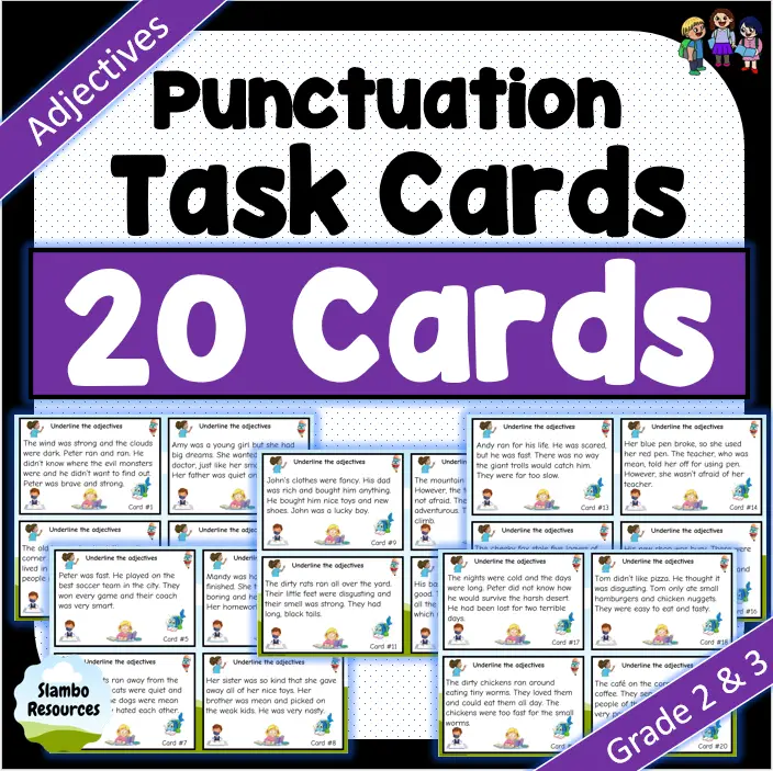 Grade 2 & 3 Grammar & Punctuation Task Cards | Adjectives - slamboresources